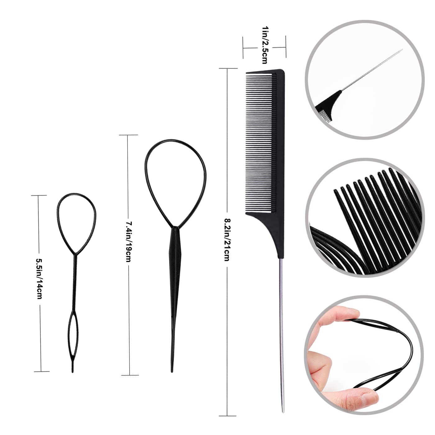 Hair Styling Tool Set - 6 Topsy Tail Loops, 4 French Braid Tools, 2 Braiding Combs, 50 Rubber Bands