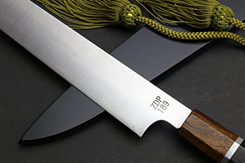 Yoshihiro TM-Hayate ZDP-189 Super High Carbon Stainless Steel Sujihiki Kiritsuke Knife Octagonal Ebony Wood Handle with Sterling Silver Ring (9.5" (240mm))