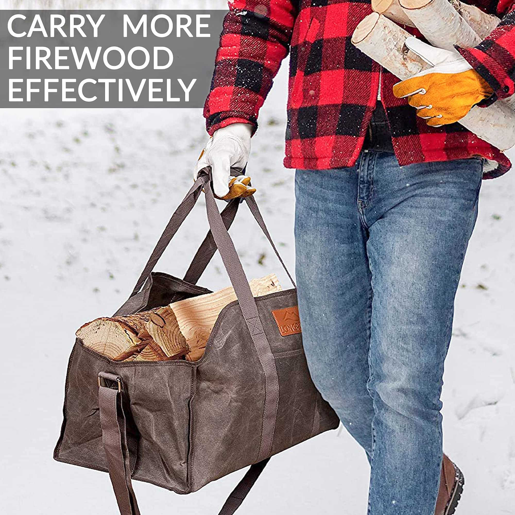 Longridge Extra Large Firewood Log Carrier Bag Tote with Leather Gloves. Durable Waxed Canvas,Handles and Shoulder Strap. Home,Camping or Gift,Grey Waxed Canvas,24 x12x12.6