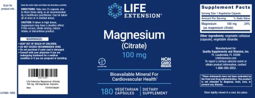 Life Extension Magnesium Citrate 100mg, 180 Veg Caps - Natural Mag Supplement - 100 mg Mineral Support Capsules - Vegan, Vegetarian, Non-GMO