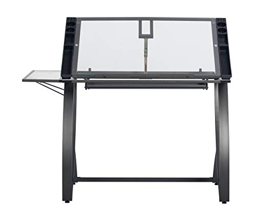 SD STUDIO DESIGNS Futura Luxe Drawing, Drafting, Craft Table with Drawer, 35" Wide Angle Adjustable Top and Side Shelf, Pewter Grey/Clear Glass