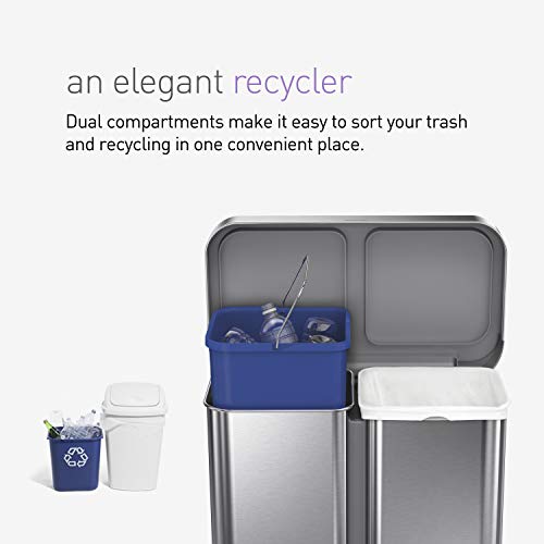 simplehuman 58 Liter / 15.3 Gallon Rectangular Hands-Free Dual Compartment Recycling Kitchen Step Trash Can, Black Stainless Steel