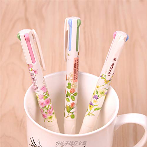 Shulaner Multi Colored Ballpoint Pens 0.5mm 4 Color Ink in One Ballpoint Pen Pure and Fresh Flower Pens Pack of 12