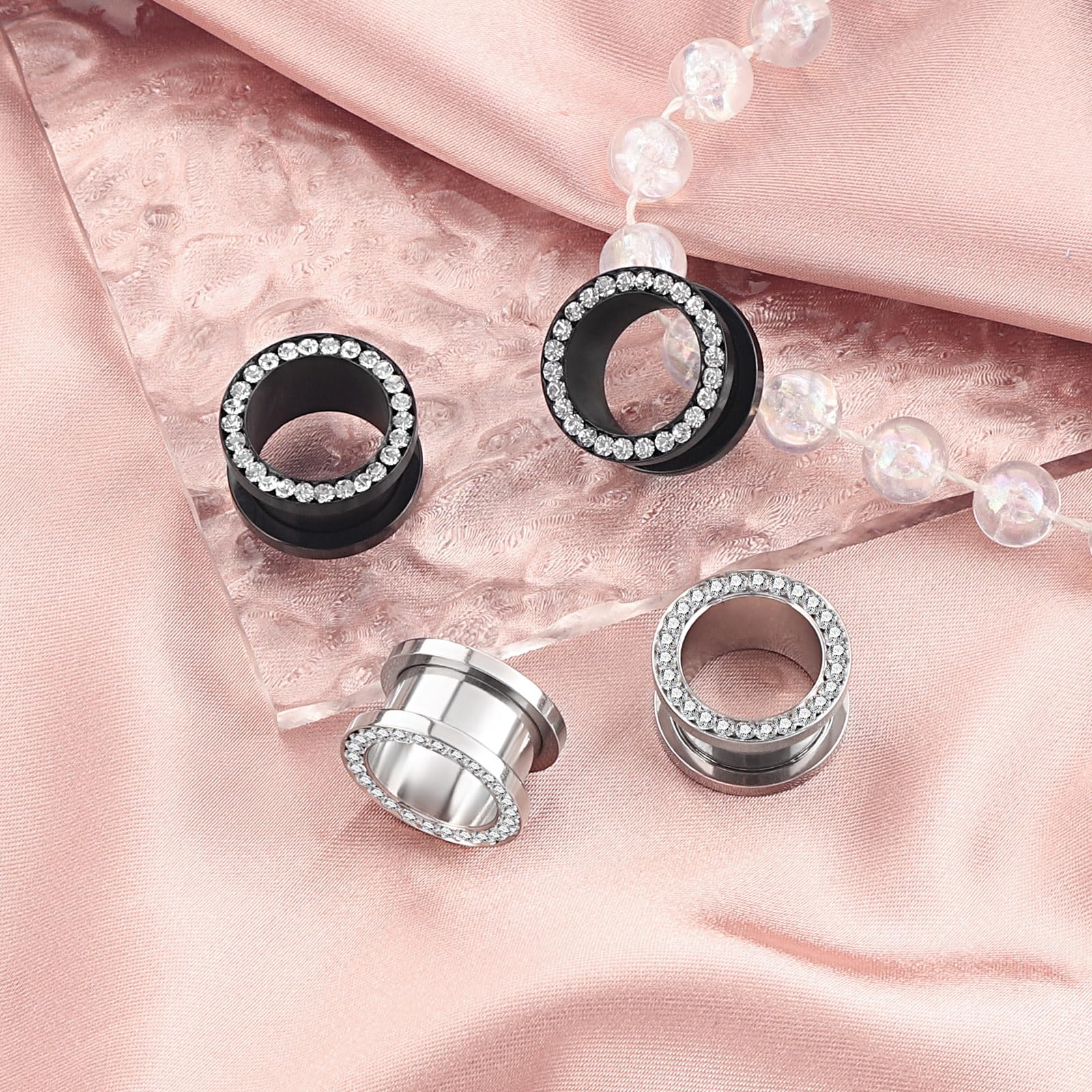 Longbeauty 4Pcs Black and Silver Stainless Steel with Zircon Stretcher Plugs Tunnels 0g