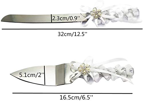 TANG SONG Stainless Steel Elegant Wedding Cake Knife and Serving Set Resin Plastic Handle Pearl Flower Shape with Lace Wedding Cake Knife and Shovel