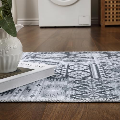 CAREMEE Machine Washable Area Rug 3x5 Tribal Entryway Mat Vintage Distressed Rug Indoor Low Pile Thin Rug Cozy Non Slip Foldable Area Rug for Living Room Bedroom Dining Room Grey
