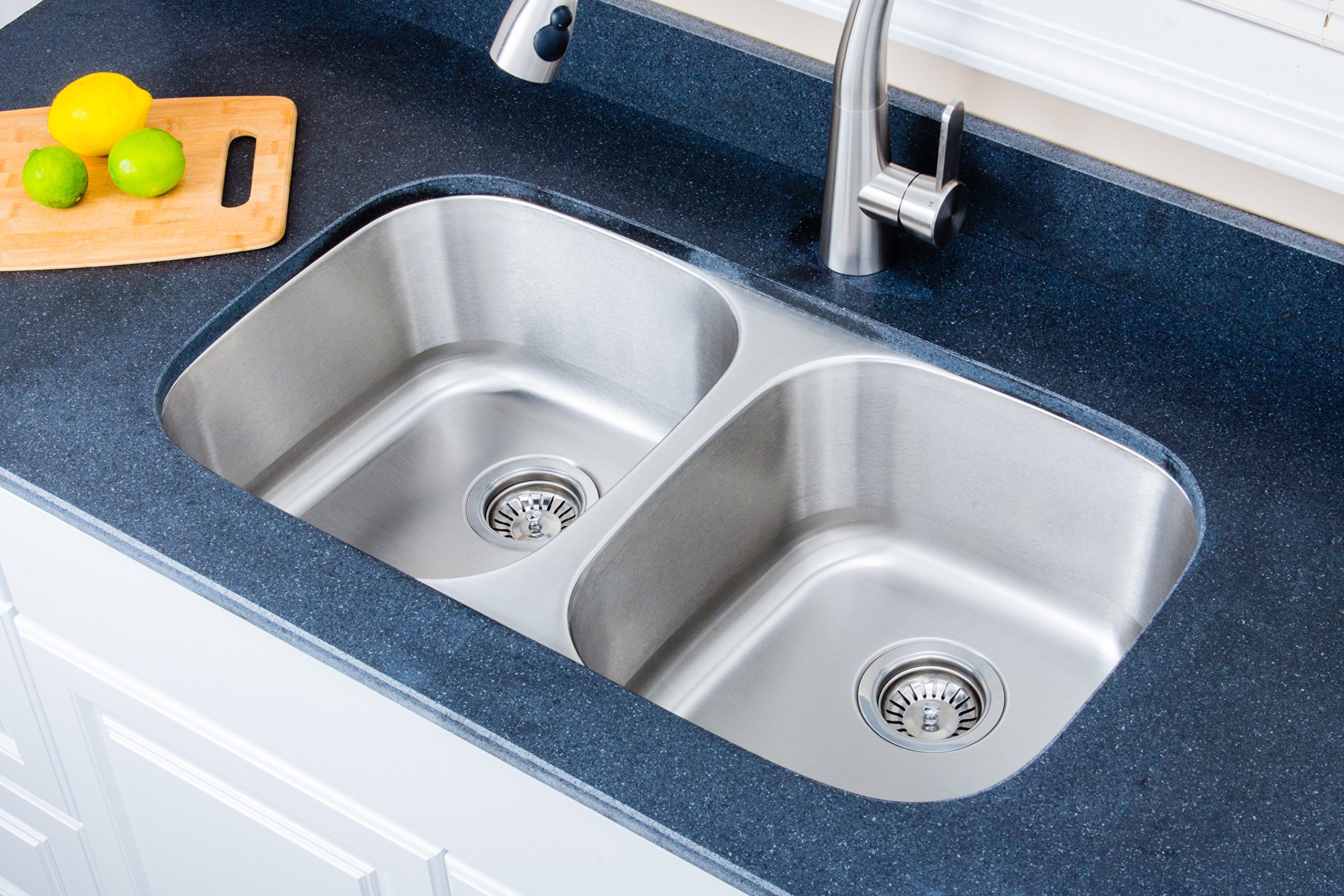 Wells Sinkware CMU3318-88-1 Stainless Steel Kitchen Sink Package, 33" 50/50 8" Deep, Brushed Matte Finish