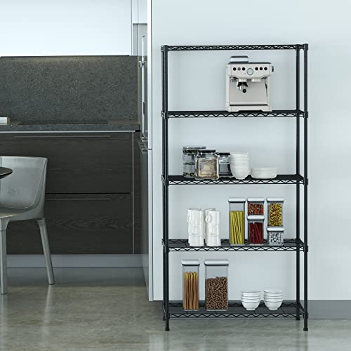 WORKPRO Storage Shelves, 5 Tier Metal Shelving Unit, Garage Wire Rack, Standing Adjustable Shelves with Hooks for Pantry Closet Kitchen Basement, 30" W x 14" D x 60" H, Capacity 750 LBS(Total)