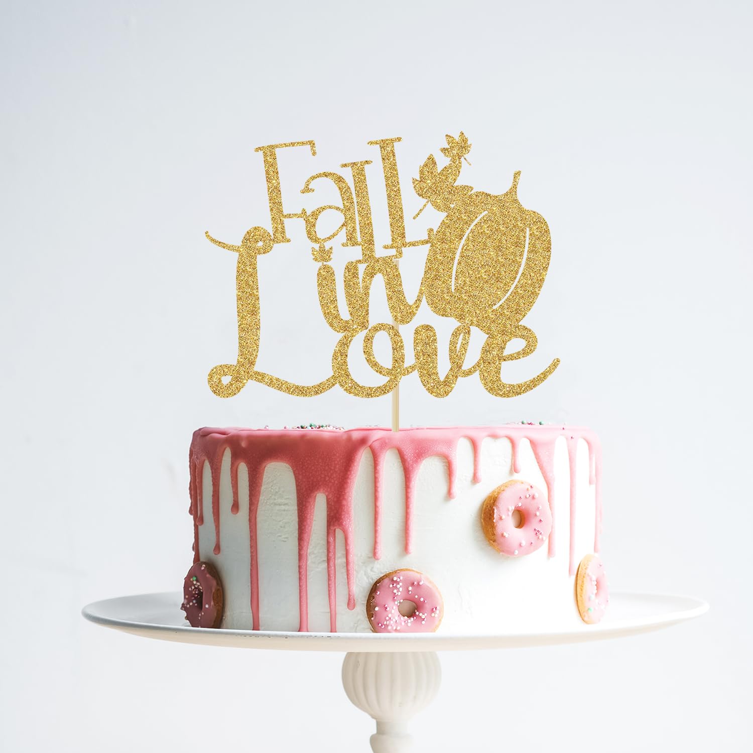 Glitter Fall in Love Cake Topper - Autumn Happy Anniversary Cake Topper, Pumpkin Wedding Engagement Bridal Shower Party Decorations Gold