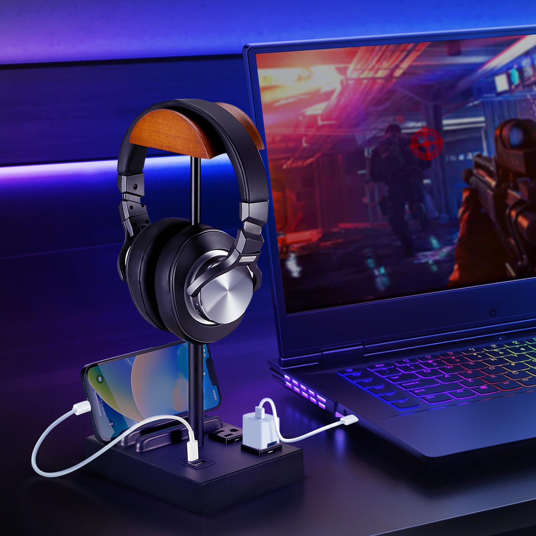 CASTLELIFE Headphone Stand Desktop Gaming Headset Holder with 2 AC Outlets and USB C&A Ports, Charging Station&Phone Stands, Height Adjustable Wood Earphone Table Game Accessories for Desktop Gamer