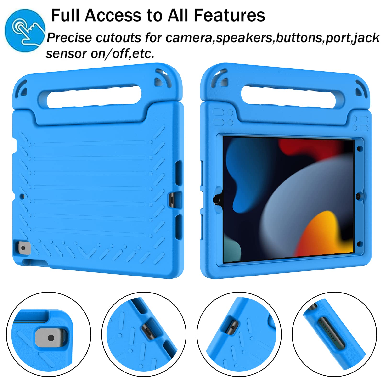 LTROP Case for 9th/8th/7th Generation 2021/2020/2019 with Built-in Screen Protector, Shockproof Convertible Handle Stand Case for iPad 9/8/7 Gen, Blue