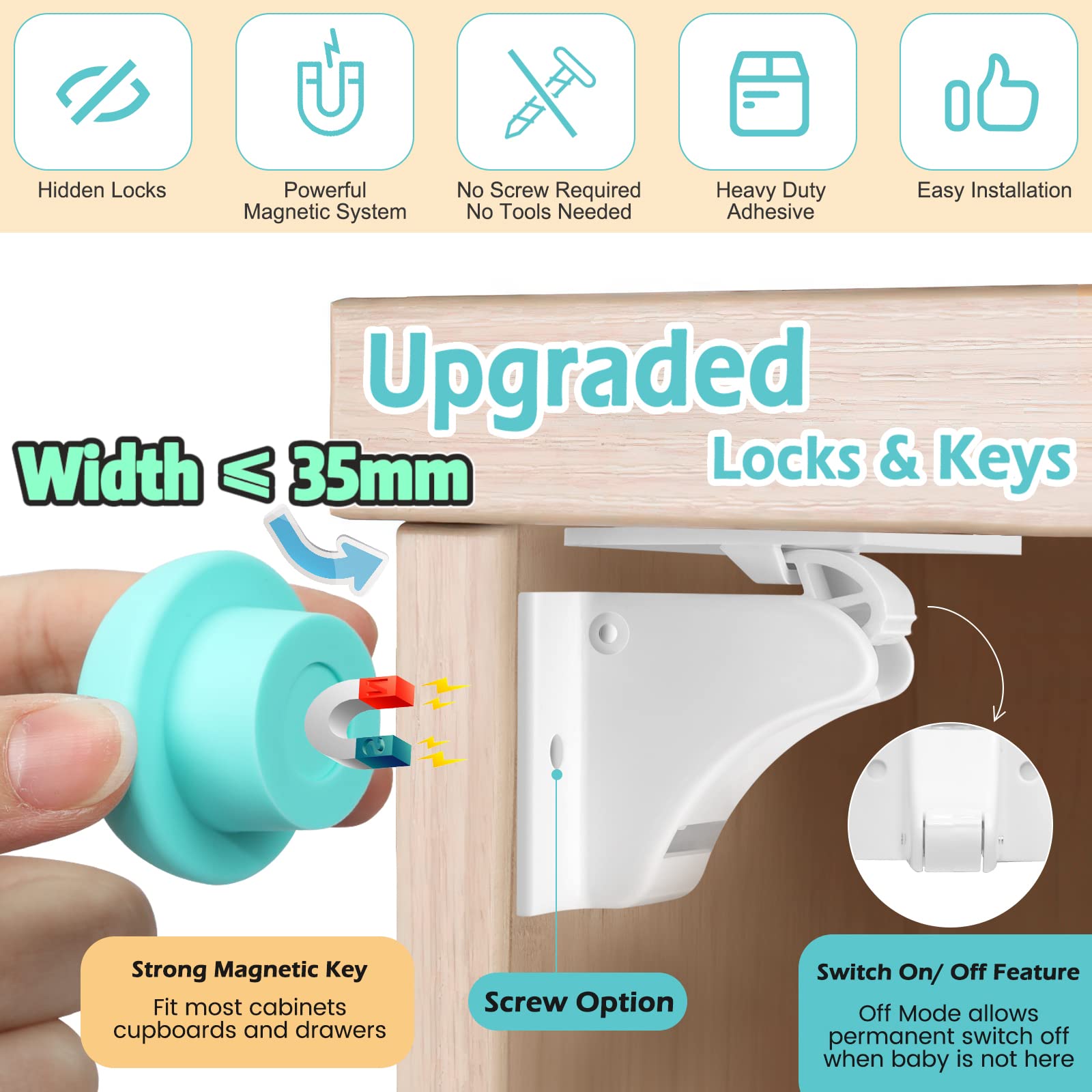 Magnetic Cabinet Locks Baby Proofing 12 Pack, Children Proof Cupboard Drawers Latches, Adhesive Easy Installation No Drilling Required(12 Locks and 2 Keys)