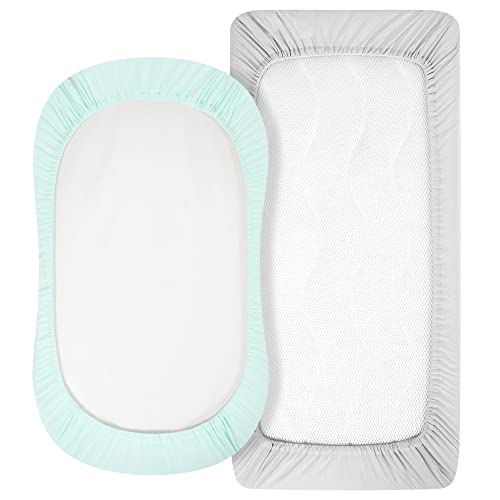 TILLYOU Ultra Soft Bassinet Fitted Sheets for Baby Boy Girl, Universal Fit for Cradle Oval Rectangle Hourglass Mattress, 2 Pack Gray and Green