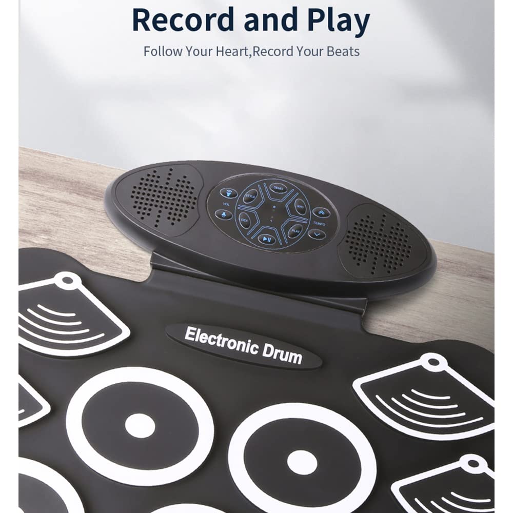 Taruor Portable 9 Pads Electronic Drum Set Roll Up Silicone Practice Drum Pad Built-in 2 Speakers Stereo Rechargeable Multifunction Tabletop Drum Support Recording Function/Audio Input/MIDI Output
