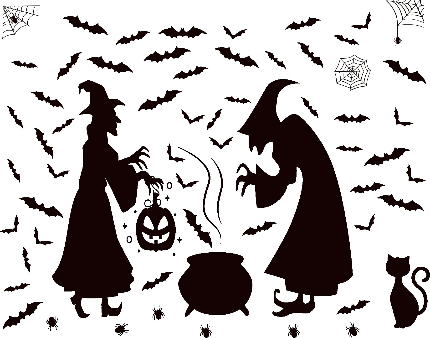 Sika Deer Halloween Window Decorations - Extra Large 2 Witches with Black Cat Bat Spider Cauldron Silhouette Halloween Window Stickers Indoor,Window Clings for Halloween Party Decorations(3 Sheets)
