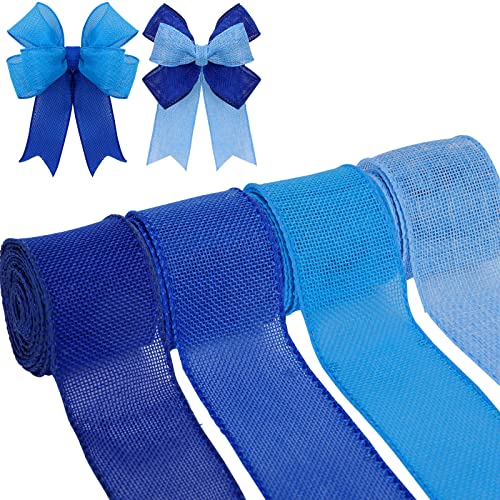Whaline 4 Rolls Wired Ribbon Assorted Blue Color Craft Ribbon Farmhouse Fabric Ribbon for Bow Making Gift Wrapping Crafts Sewing Wreath Floral Arrangement Party Decor, 20 Yards