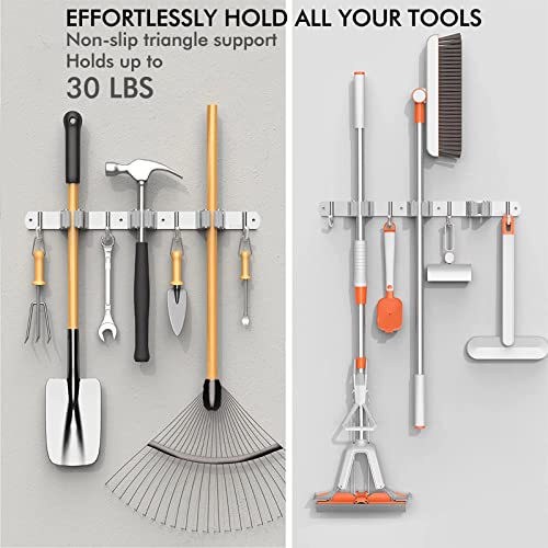 YouOKLight mop broom holder,broom hanger wall mount, 304 Non-Slip Stainless Steel Rack for Tools Hanger,Metal Broom Closet Organizer for Home,Garage, even Outdoor (3 Racks with 4 Hooks)