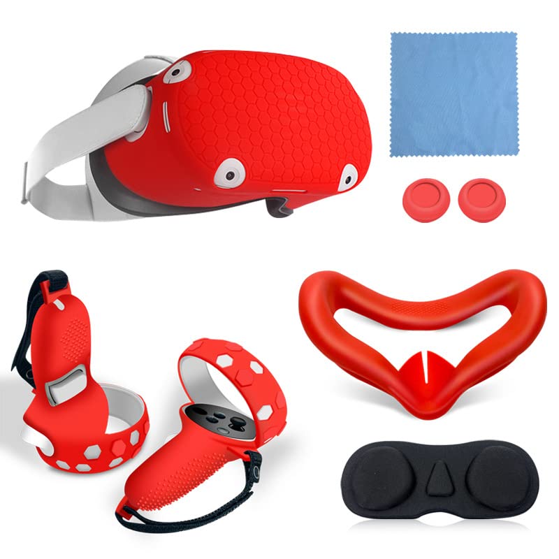 VR Full Package Handle Silicone Protective Cover Host 6 Pcs for Oculus Quest 2 Set Anti-Drop Anti-Slip (Red)