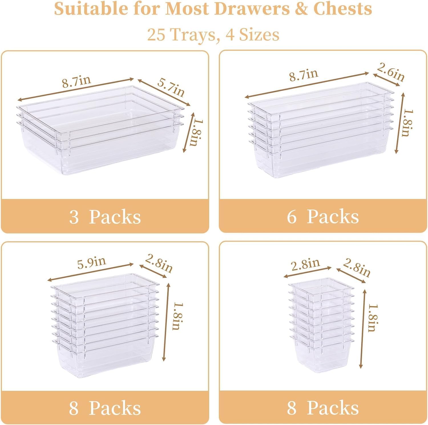 Clear Plastic Drawer Organizer Set - 25 Pcs Desk Makeup Drawer Organizers Trays Divider Versatile Storage Box Bins for Dresser Vanity Jewelry Bathroom Office Supplies Kitchen Utensils Tool Gadgets