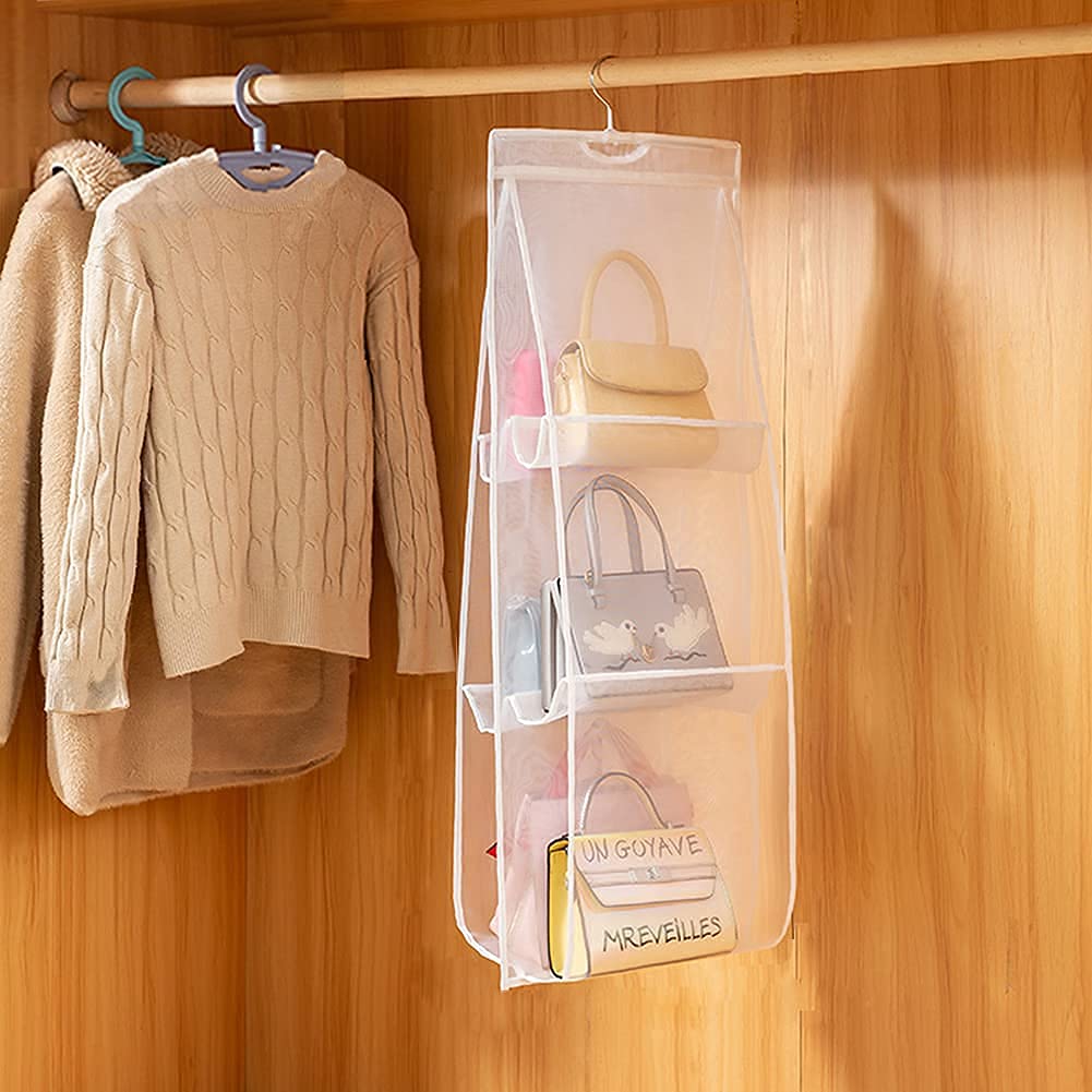 ZHAOYAN Hanging Purse Organizer Multi-Purpose Handbag Storage Bag Dustproof Washable Closet Organization Bag Double-Side 6 Pockets, White