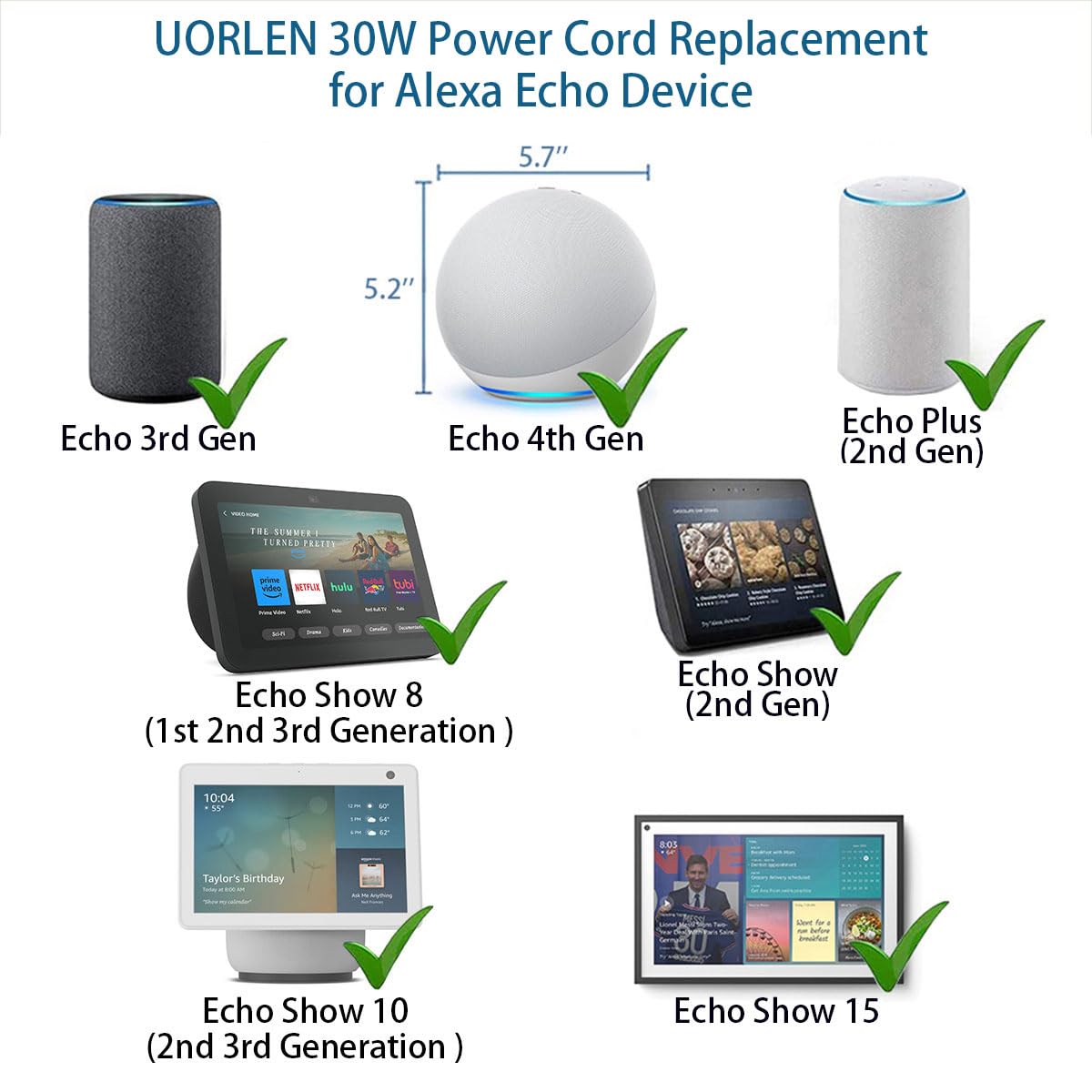for Alexa Echo Show 8 Power Cord Replacement (1st 2nd 3rd Gen), Echo Show 10, Show 15, Echo Show 2nd Gen, Echo 4th 3rd Generation 30W Show Power Supply Adapter Charger Cable 6.6ft