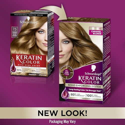 Schwarzkopf Keratin Color Permanent Hair Color, 7.5 Caramel Blonde, 1 Application Professionally Inspired Permanent Hair Dye for up to 80% Less Breakage vs Untreated Hair and up to 100% Gray Coverage