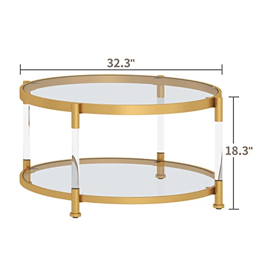 OIOG 2 Tier Coffee Table with Acrylic Legs,32.3" Wide Round Coffee Table with Glass Top, Modern Center Table for Living Room, Studio Apartment,Glass/Gold