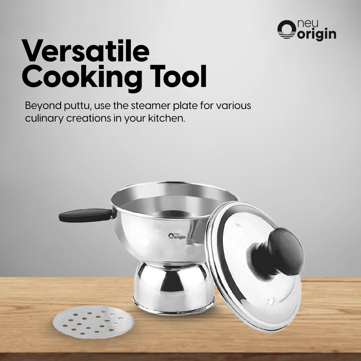 NeuOrigin Stainless Steel Chiratta Puttu Maker - Use with Pressure Cooker, Steamer and Puttu maker, 5.11 x 5.11 x 3.93 inches, Outer Lid Design with Handle, Made In India with Quality