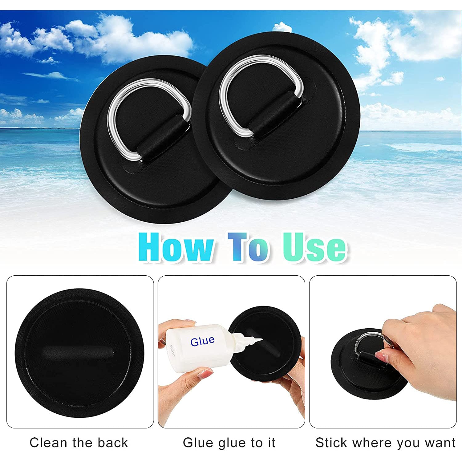 heyous 2pcs D-Ring Pad PVC Patches PVC Patch with Stainless Steel D-Ring for Dinghy Kayak Surfboard Paddle Board, Black