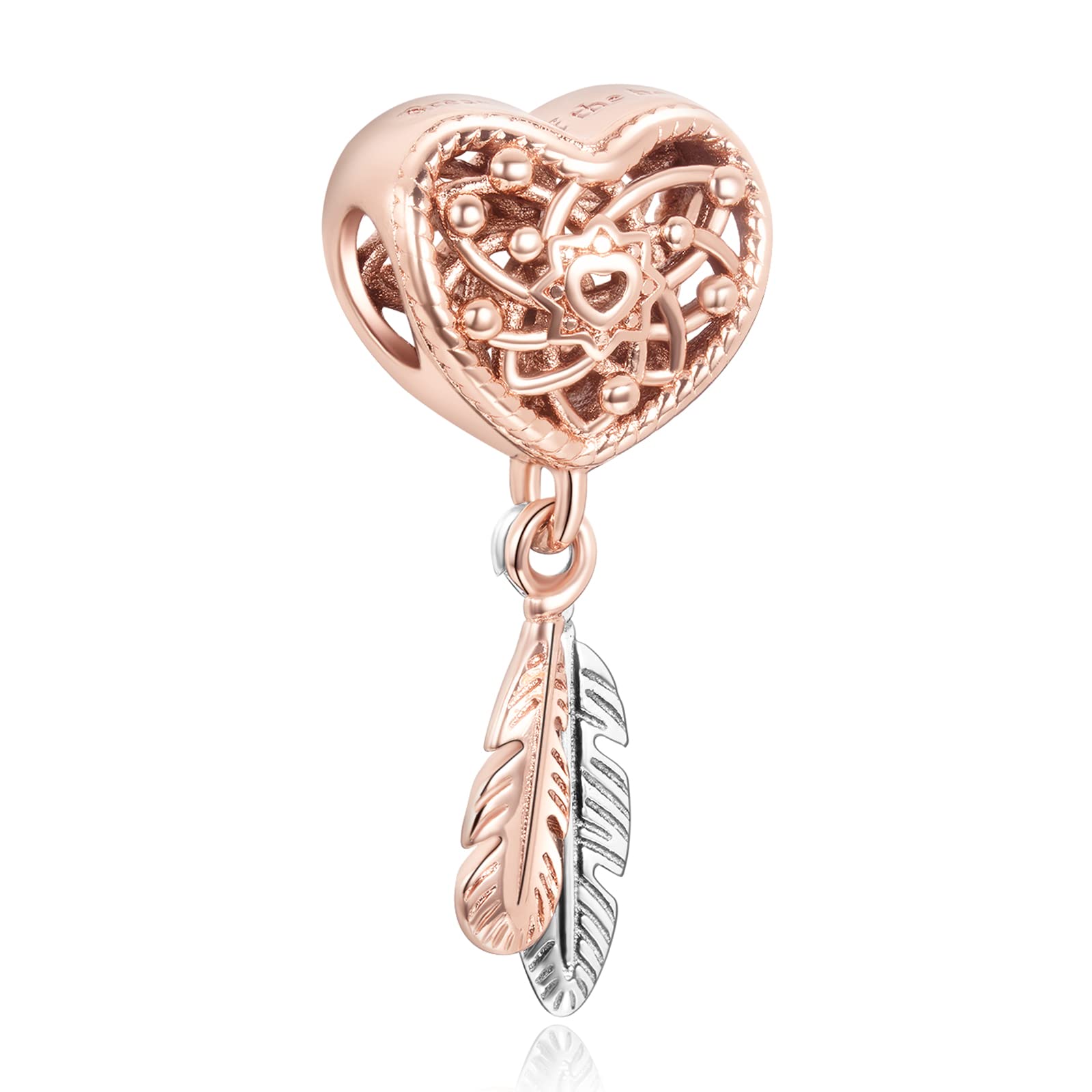 Annmors 925 Sterling Silver Charms for Bracelets and Necklaces Openwork Heart&Two Feathers Dreamcatcher Charms Jewelry Gift for Women