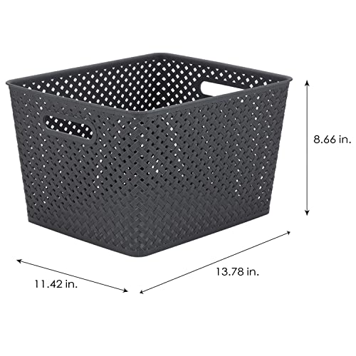 Simplify Large Resin Wicker Tote | Storage Bin | Plastic Organizer | Carrying Handles | Bathroom | Pantry | Accessories | Toys | Grey