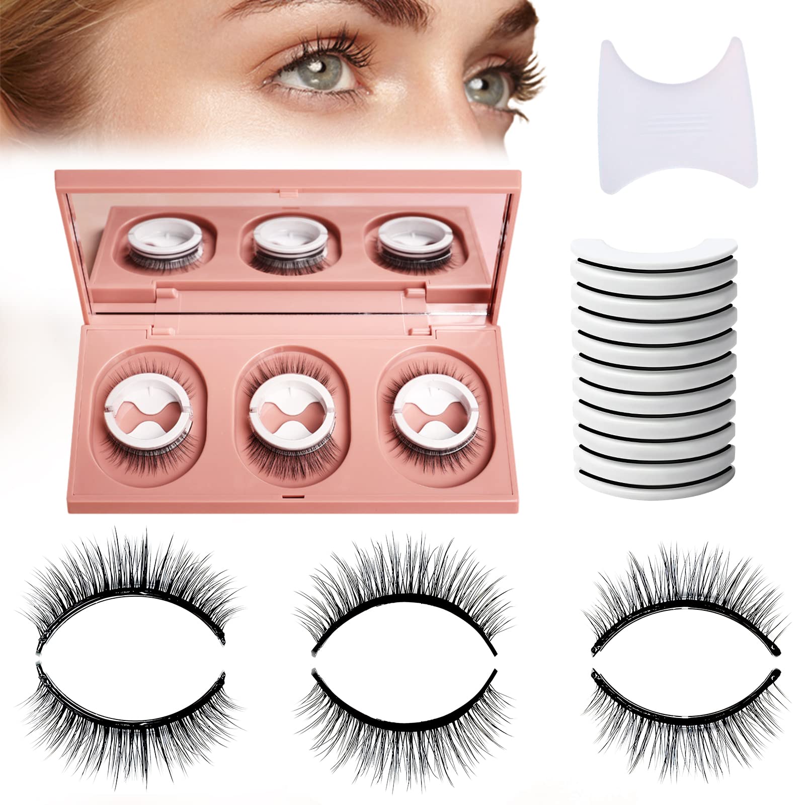 PTGVCTA 3 Pairs Reusable Self-Adhesive Eyelashes, Natural-Looking and Waterproof False Eyelashes with 13PCS Spare Adhesive Strip,Beautiful Women Gift(WH-3)