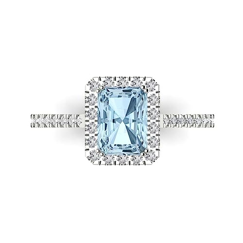 Clara Pucci 1.98 ct Emerald Cut Solitaire Halo Genuine Natural Aquamarine Engagement Promise Anniversary Bridal Ring 18K White Gold 3.5