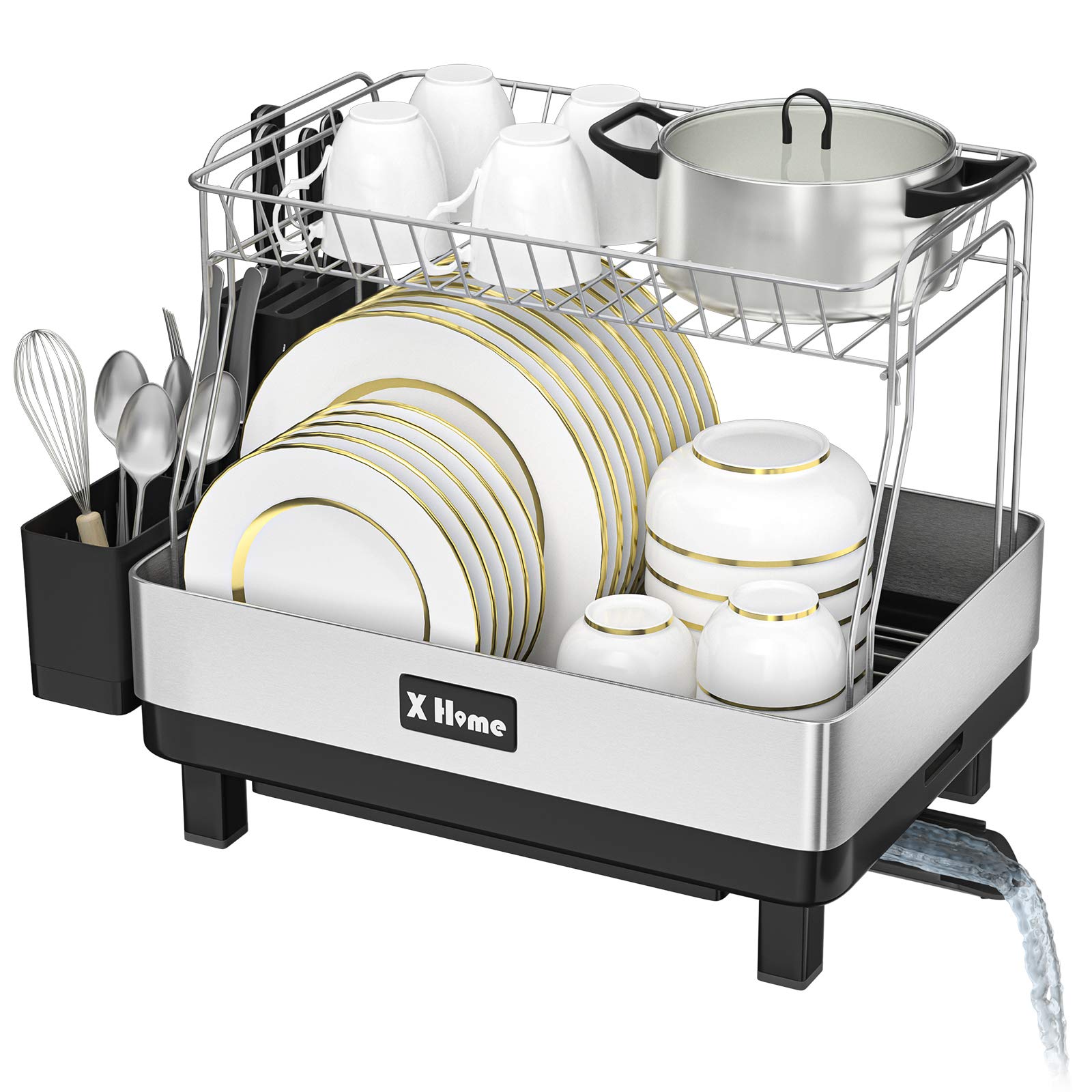 X Home Dish Racks for Counter with Drainage, Removable 2 Tier Kitchen Stainless Steel Frame Dish Rack with Drainboard and Swivel Spout, 21 Inch, Fingerprint-Proof