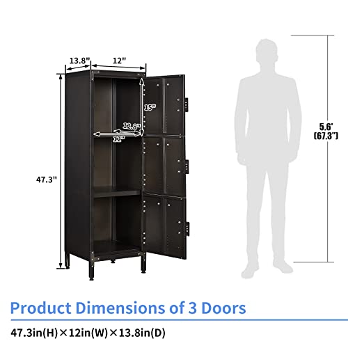 Yizosh Metal Locker with 3 Lockable Doors, Industrial Steel Storage Lockers for Employees - 47.3" Locker Storage Cabinets for School, Gym, Home, Office, Garage