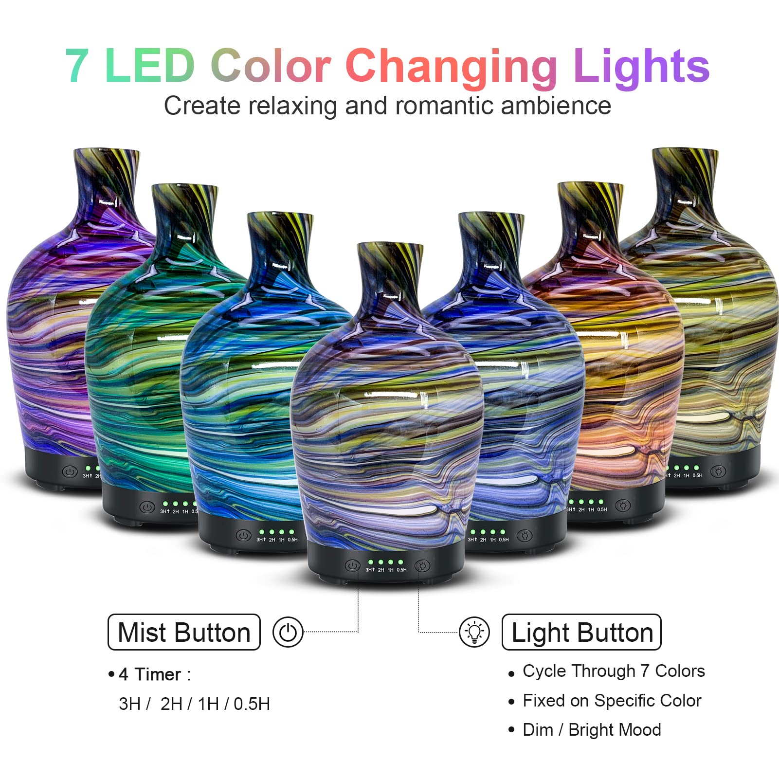 MAXWINER Essential Oil Diffuser Art Glass Aromatherapy Ultrasonic Humidifier with 7 Colors Lights Changing, Waterless Auto Shut Off Protection, 4 Time Setting for Home Office Room 120ml (Color Stripe)