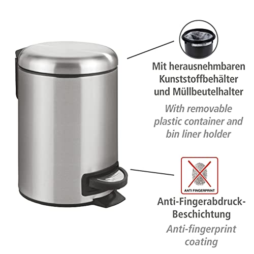 WENKO Basket, 0.79 Gal, Small Trash Can with Lid and Pedal, Garbage Bin for Bathroom with Removable Inner Bucket, Stainless Steel, Easy Close, 9.84 x 8.86 x 6.69, Silver