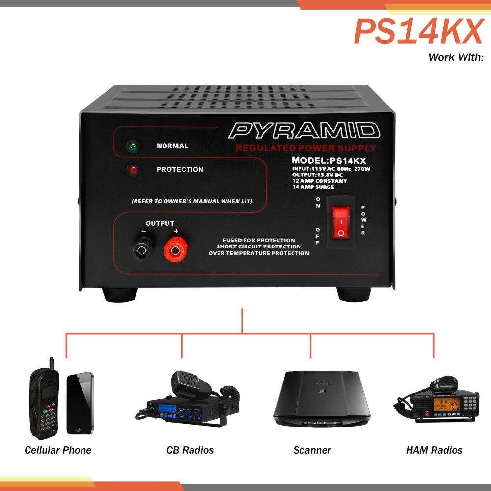 Pyramid Universal Compact Bench Power Supply - 12 Amp Linear Regulated Home Lab Benchtop AC-to-DC 12V Converter w/ 13.8 Volt DC 115V AC 270 Watt Power Input, Screw Type Terminals, Cooling Fan PS14KX