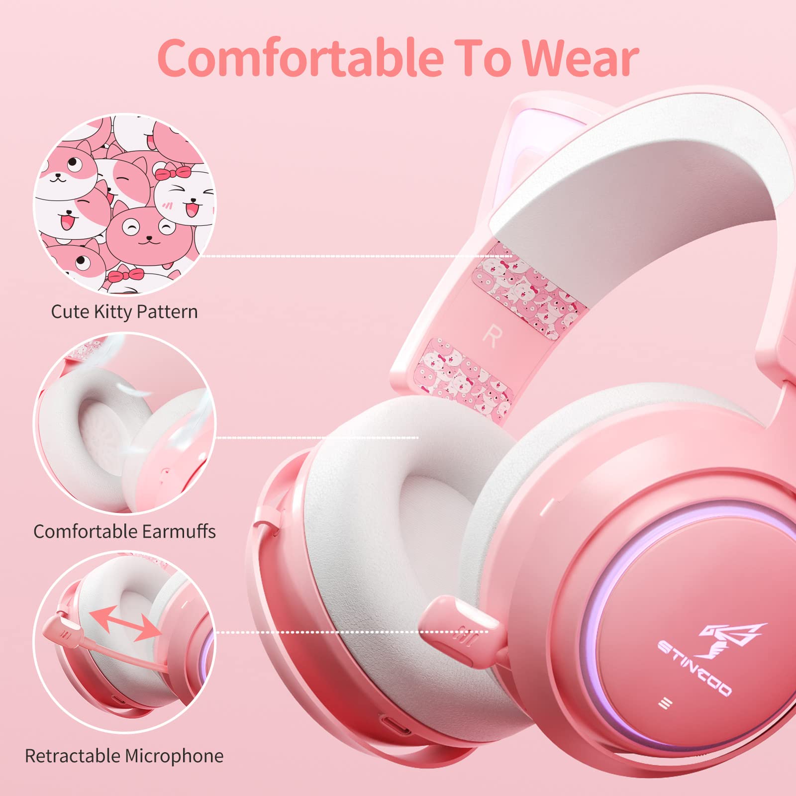 EASARS Wireless Cat Ear Headphones, Pink Gaming Headset Bluetooth 5.0 for Smartphone, Retractable Mic, 50mm Drivers, RGB Lighting Headset with Mic (USB Dongle Not Included)