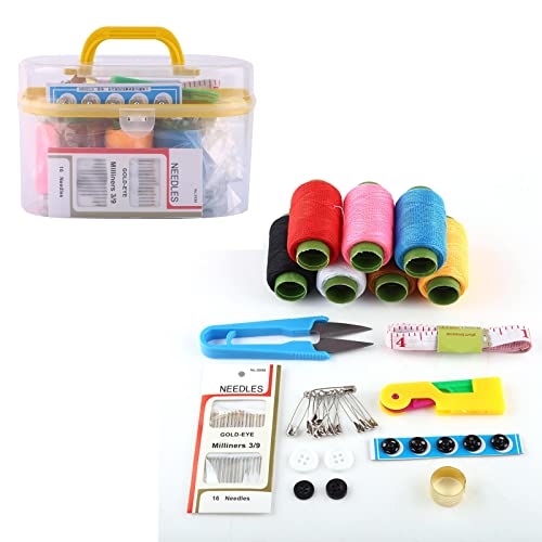 Sewing Supplies Set Portable Sewing Kit Box Plastic Organizer Storage Box with Removable Interlayer for 10pcs Sewing Tools Including Needle Tape Measure Scissor Thimble(Yellow)