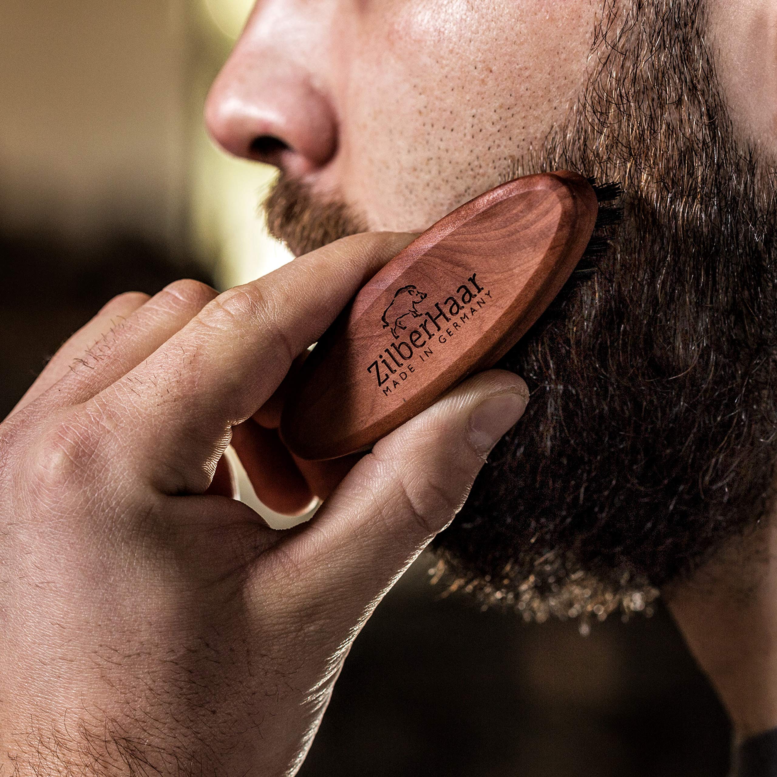 Zilberhaar Beard Brush Grooming Kit (Soft Version) 2nd Cut Boar Bristles - Ideal for Stubbles and Short To Medium Beards - Distributes Balm and Oil for Growth/Styling - Comes with Brush Cleaning Tool