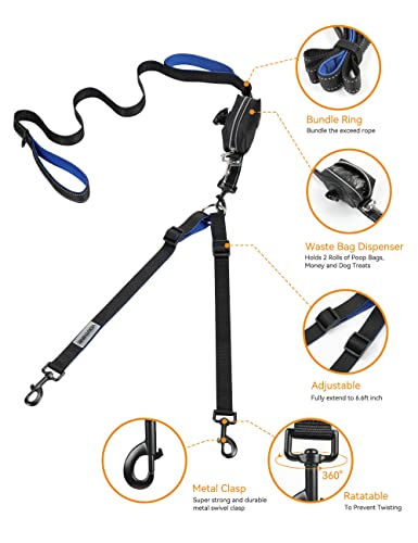 YOUTHINK Double Dog Leash, Dog Walking Leash 2 Dogs up to 180lbs, Comfortable Adjustable Dual Padded Handles, Bonus Pet Waste Bag (Double Dog Leash)