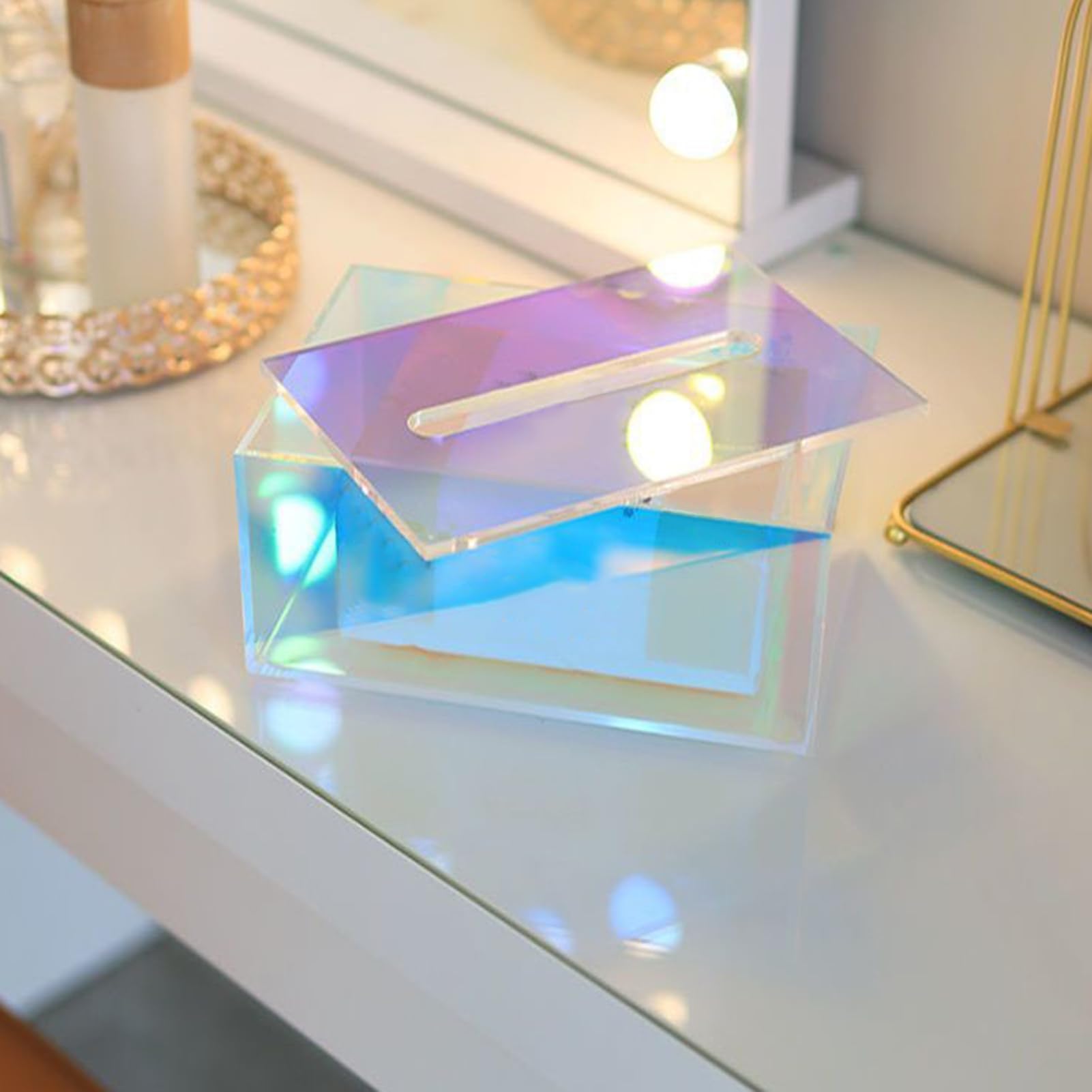 YESBAY Iridescent Acrylic Storage Box with Handle Acrylic Tray Vanity Organizer Case Hollow Multi-Functional Desktop Makeup Tray Basket Organizer Tissue Holder for Bathroom Countertop Bedroom C