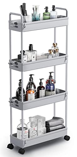 SOLEJAZZ Slim Storage Cart, 4 Tier Bathroom Organizer Mobile Shelving Unit, Rolling Utility Cart Slide Out Organizer for Kitchen, Bathroom, Laundry, Narrow Places, Gray