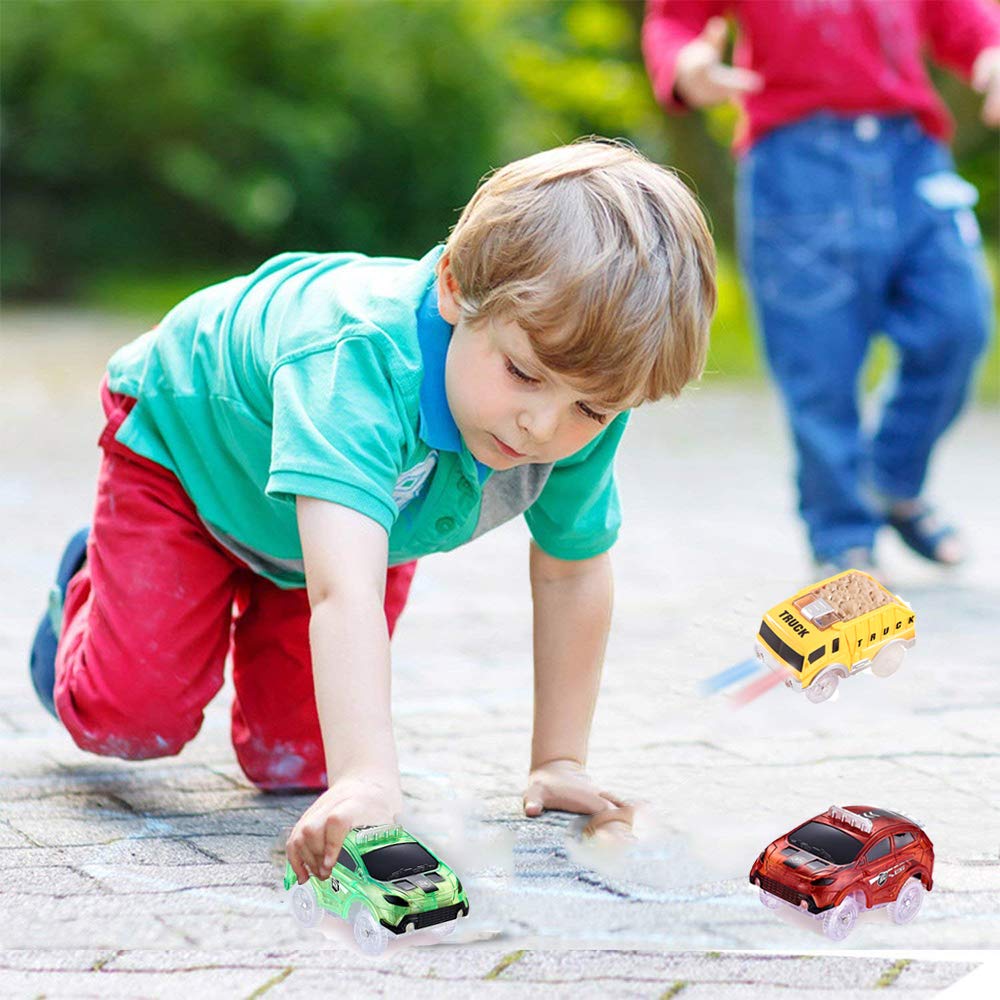 QUOXO 4 Pack Tracks Cars Replacement ONLY, Glow in The Dark Racing Car Track Accessories for Kids Boys and Girls