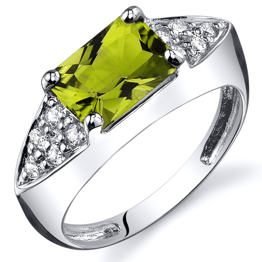 PEORA Peridot Statement Ring in Sterling Silver, Elegant Linear Design, Radiant Cut, 8x6mm, 1.50 Carats total, Comfort Fit, Size 7