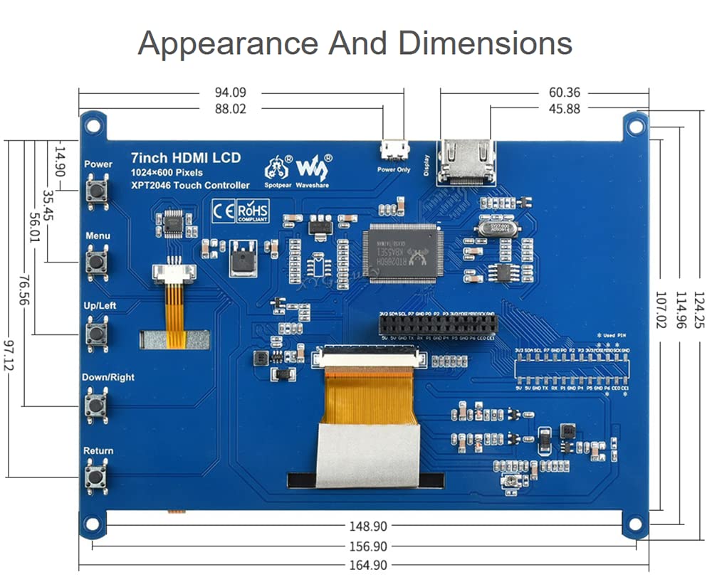 XYGStudy for Raspberry Pi 7 inch IPS 1024×600 Resistive Touch Screen Monitor LCD HDMI Interface SPI Supports Supports Mini PC Raspberry Pi 4B/3B+/3B/3A+/2B/B+/A+ Zero WH/Zero W/Zero