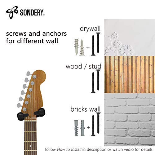 Sondery Guitar Wall Mount Hanger, Auto Lock and Adjustable Hook Holder for Acoustic and Electric Guitar, Ukulele, Bass, Banjo and Mandolin