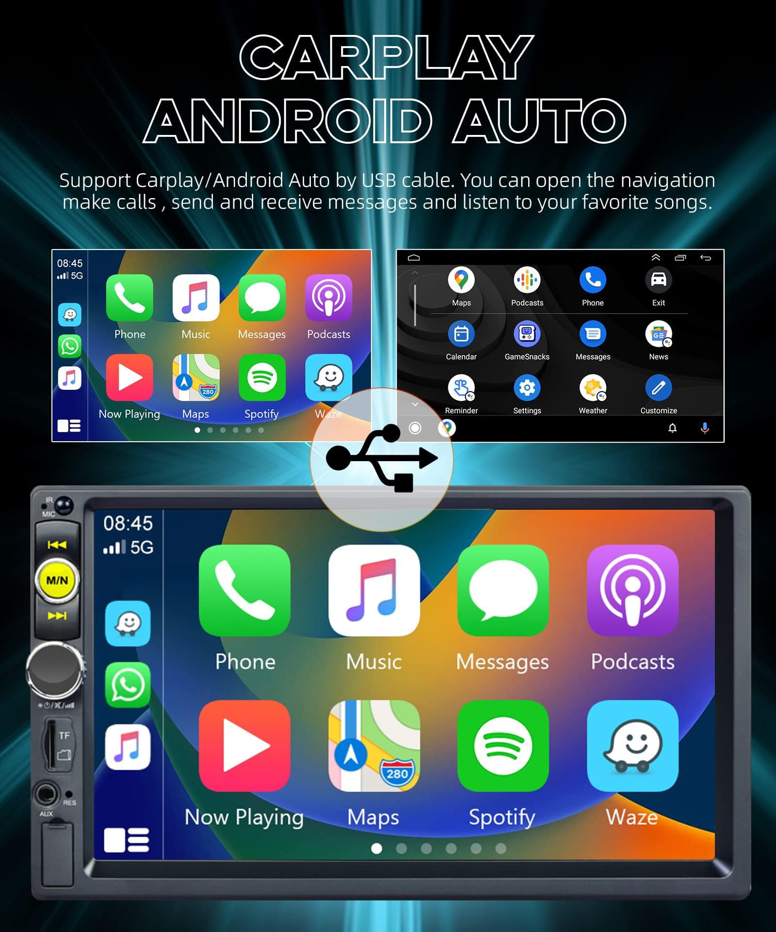 Apple Carplay Double Din Car Stereo Radio with Bluetooth, Rimoody 7 Inch HD Touchscreen Car Radio with Android Auto Mirror Link, Backup Camera, Steering Wheel, FM, USB/TF/AUX