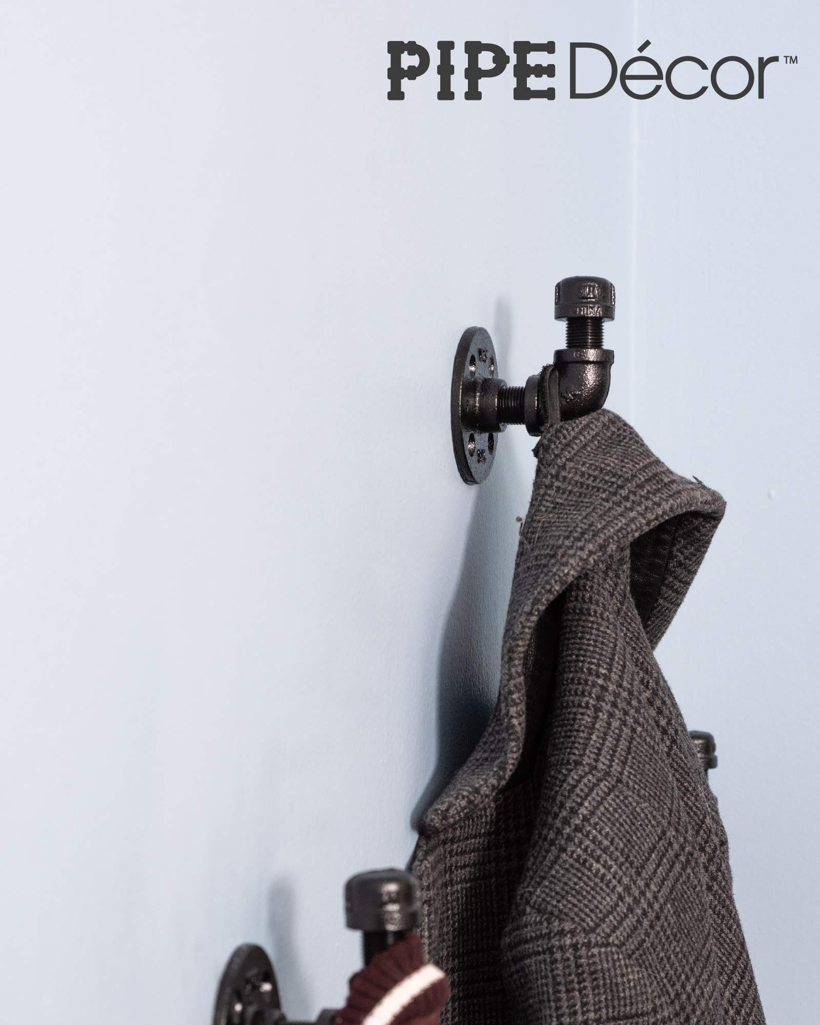 Towel and Robe Hook Set by Pipe Decor, Heavy Duty DIY Style, Rustic and Chic Industrial Iron Pipe Electroplated Black Finish, 3 Hooks Perfect for Bathroom Towels, Robes, or Coats, Oil and Rust Free